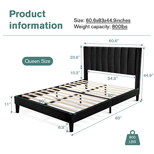 IMUsee Queen Size Velvet Upholstered Tufted Platform Bed Frame with headboard, Strong Wooden Slats, Box Spring Optional, Mattress Foundation, Easy Assembly, Black