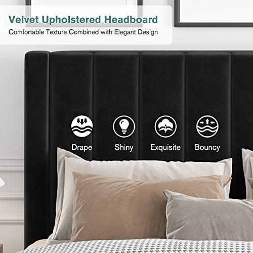 IMUsee Queen Size Velvet Upholstered Tufted Platform Bed Frame with headboard, Strong Wooden Slats, Box Spring Optional, Mattress Foundation, Easy Assembly, Black