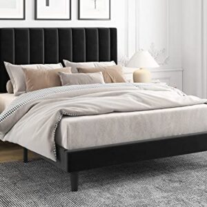 IMUsee Queen Size Velvet Upholstered Tufted Platform Bed Frame with headboard, Strong Wooden Slats, Box Spring Optional, Mattress Foundation, Easy Assembly, Black