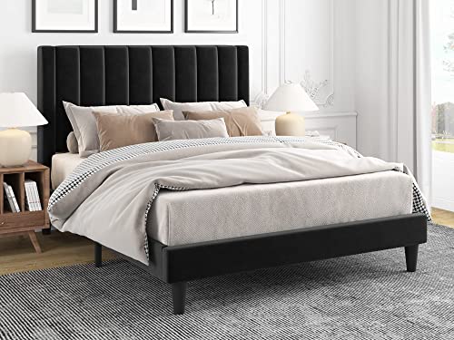 IMUsee Queen Size Velvet Upholstered Tufted Platform Bed Frame with headboard, Strong Wooden Slats, Box Spring Optional, Mattress Foundation, Easy Assembly, Black