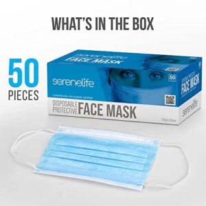 Disposable Face Masks 50 PCS 3 Layer Protection Breathable Face Masks, For Dust Covering, Protective Dust Filter, PPE Safety Mouth Cover, and Nose Shield - SereneLife 50 Blue