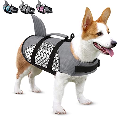 SUNFURA Dog Shark Life Jacket, Ripstop Dog Life Vest Puppy Floats for Swimming Pool with Rescue Handle & Superior Buoyancy, Small Medium Dog Life Jackets Pet Life Preserver for Boating (Silver,L)