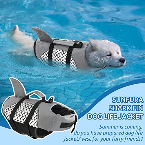 SUNFURA Dog Shark Life Jacket, Ripstop Dog Life Vest Puppy Floats for Swimming Pool with Rescue Handle & Superior Buoyancy, Small Medium Dog Life Jackets Pet Life Preserver for Boating (Silver,L)