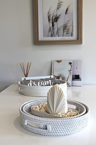 SIMPLY FABULOUS White Round Rattan Serving Tray, 10.6 inch, Strong, Durable Versatile for The Ottoman or a Table