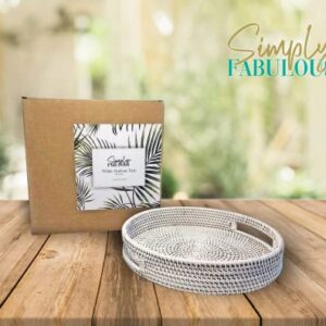 SIMPLY FABULOUS White Round Rattan Serving Tray, 10.6 inch, Strong, Durable Versatile for The Ottoman or a Table