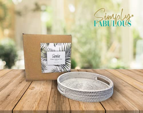 SIMPLY FABULOUS White Round Rattan Serving Tray, 10.6 inch, Strong, Durable Versatile for The Ottoman or a Table