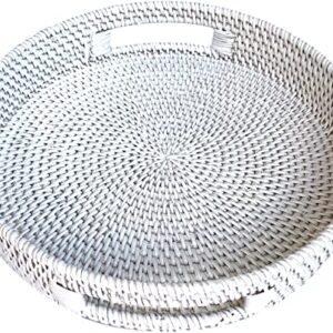 SIMPLY FABULOUS White Round Rattan Serving Tray, 10.6 inch, Strong, Durable Versatile for The Ottoman or a Table