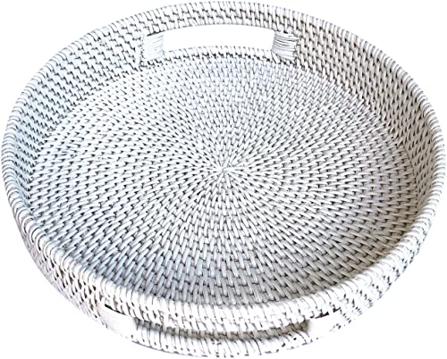 SIMPLY FABULOUS White Round Rattan Serving Tray, 10.6 inch, Strong, Durable Versatile for The Ottoman or a Table