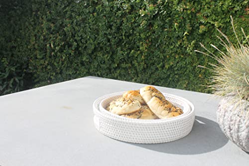 SIMPLY FABULOUS White Round Rattan Serving Tray, 10.6 inch, Strong, Durable Versatile for The Ottoman or a Table