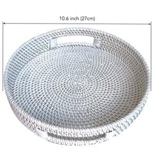 SIMPLY FABULOUS White Round Rattan Serving Tray, 10.6 inch, Strong, Durable Versatile for The Ottoman or a Table