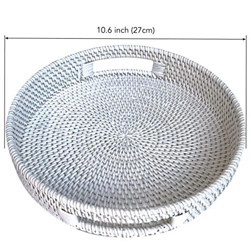 SIMPLY FABULOUS White Round Rattan Serving Tray, 10.6 inch, Strong, Durable Versatile for The Ottoman or a Table