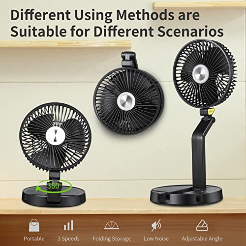 Rolg Foldaway Stand Fan, Portable Desk and Table Rechargeable Pedestal Fans with LED Light, 3 Speeds & Height, Ultra Lightweight,Wall Mounted Fan for Personal Bedroom Office Fishing Camping Fanus-001