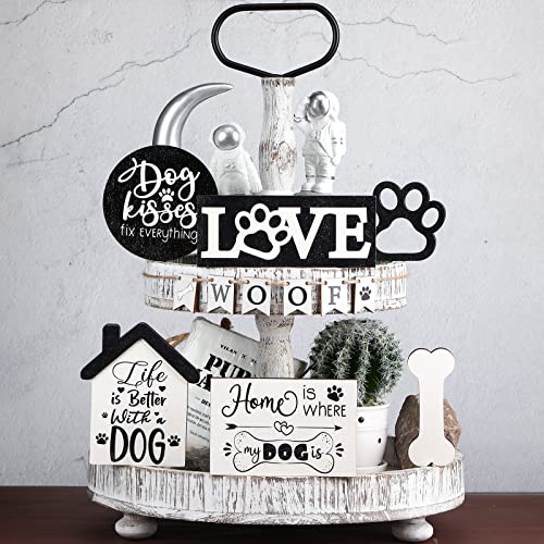 12 Pcs Tiered Tray Decor Set Wooden Dog Cat Christmas Tray Decor Rustic Farmhouse Paw Bone Farm Decoration Mini Wood Signs for Kitchen Home Table Housewarming Xmas Gift (Stylish Style)