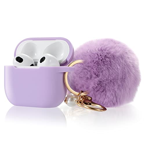 Protective Case Cover for Airpods 3 Charging Case, Soft Silicone Case Compatible with Air Pods 3rd Generation 2021 with Cute Ball Fluffy Pom Pom Keychain Kit (3rd, Lavender)