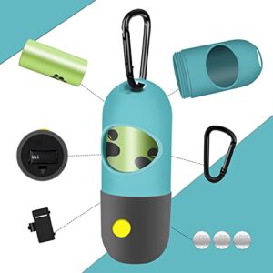 Dog Poop Bag Holder Built-in LED Flashlight with 9 Rolls Leak-proof Doggie Bags for Poop, Dog Poop Bag Dispenser for Leash with Carabiner Clip, Blue