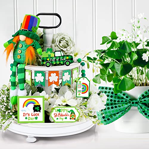 10 Pieces St. Patrick's Day Decorations Including Gnome Tiered Tray Decor Lucky Wood Flag Wooden Bead Garland for Irish Saint Party Tabletop Home Kitchen Decor, Classic Shamrock Style