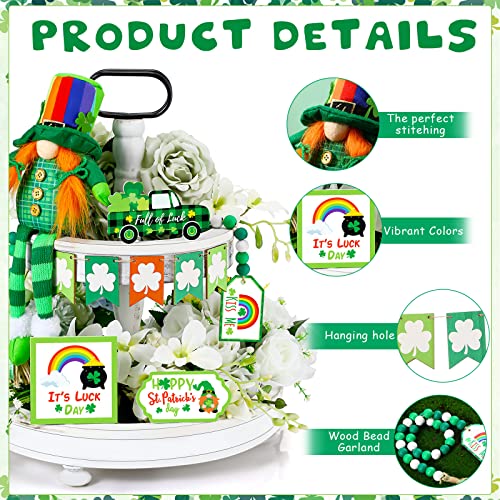 10 Pieces St. Patrick's Day Decorations Including Gnome Tiered Tray Decor Lucky Wood Flag Wooden Bead Garland for Irish Saint Party Tabletop Home Kitchen Decor, Classic Shamrock Style