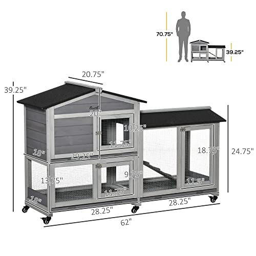 PawHut 62" Wooden Rabbit Hutch, Bunny Cage, Pet Playpen House with Wheels, Run Box, No Leak Tray, and Ramp for Small Animals, Indoor/Outdoor Use, Light Grey