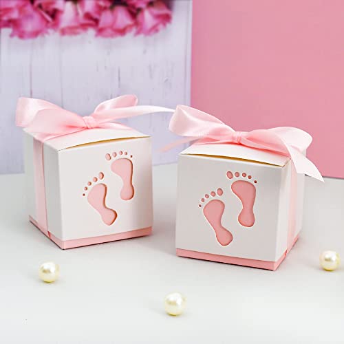 BEISHIDA Pink Baby Girl Shower Favor Boxes Footprint Party Favor Boxes Candy Boxes with Ribbons for Gender Reveal Party Newborn Baby Shower Party Favor (25pcs，2.4 inch)