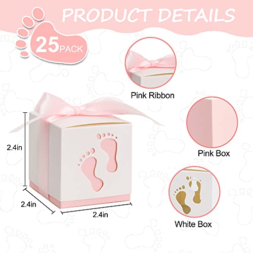 BEISHIDA Pink Baby Girl Shower Favor Boxes Footprint Party Favor Boxes Candy Boxes with Ribbons for Gender Reveal Party Newborn Baby Shower Party Favor (25pcs，2.4 inch)