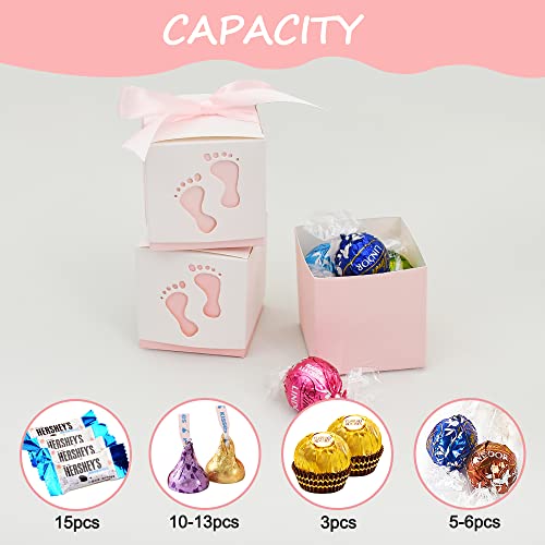 BEISHIDA Pink Baby Girl Shower Favor Boxes Footprint Party Favor Boxes Candy Boxes with Ribbons for Gender Reveal Party Newborn Baby Shower Party Favor (25pcs，2.4 inch)