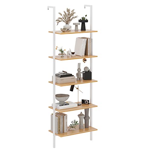 SogesHome Industrial Wall-Mounted Ladder Shelf, 5-Tier Modern Bookshelf with Industrial Metal Frame, Bookcase Organize Plant Flower Display Stand for Kitchen, Living-Room, Bedroom, Office