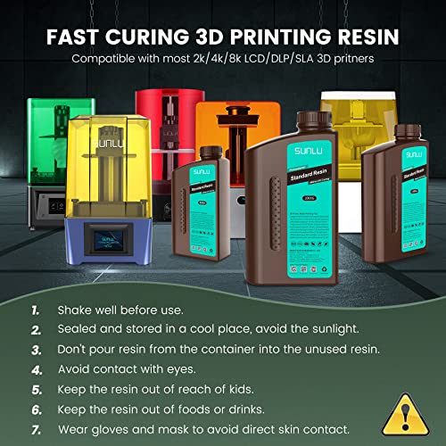 SUNLU 3D Printer Resin, 1kg Fast Curing Standard 3D Resin for LCD DLP SLA Resin 3D Printers, 395-405nm UV Light Curing 3D Printing Liquid Photopolymer Resin, Low Shrinkage, High Precision, 1000g, Grey