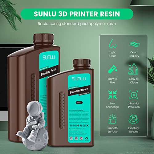 SUNLU 3D Printer Resin, 1kg Fast Curing Standard 3D Resin for LCD DLP SLA Resin 3D Printers, 395-405nm UV Light Curing 3D Printing Liquid Photopolymer Resin, Low Shrinkage, High Precision, 1000g, Grey