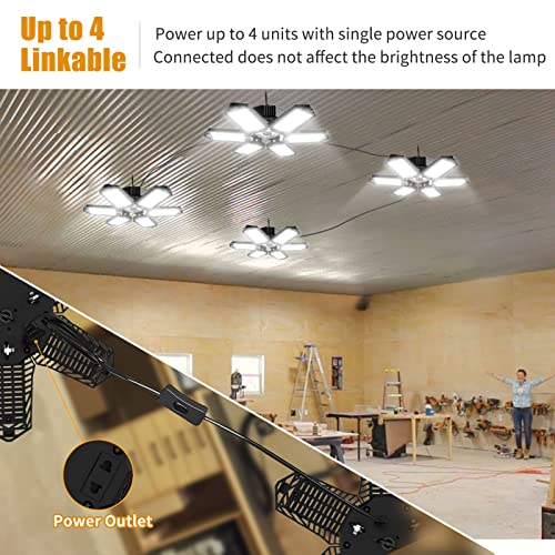 FAMURE LED Garage Lights, 185W Linkable Shop Lights with Cord Plug in, 18500LM Super Bright Hanging Deformable Ceiling Lighting 6500K Lamps with 6 Adjustable Panel for Warehouse