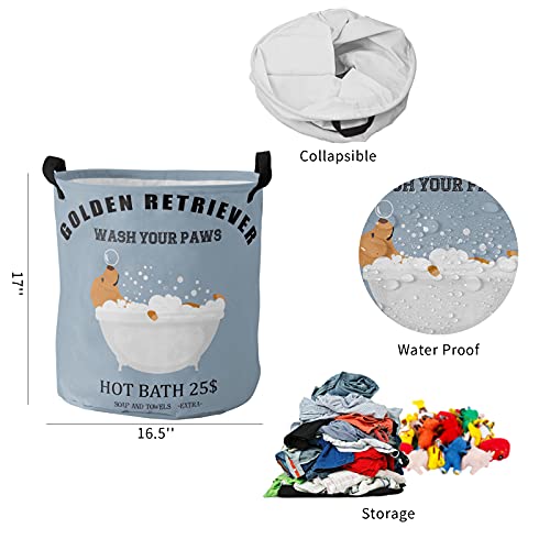 Funny Animal Large Laundry Hamper Collapsible 16.5x17inch, Waterproof Freestanding Clothes Basket with Handles for Kids Room Dorm Storage - Golden Retriever Dog Taking a Shower