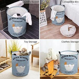 Funny Animal Large Laundry Hamper Collapsible 16.5x17inch, Waterproof Freestanding Clothes Basket with Handles for Kids Room Dorm Storage - Golden Retriever Dog Taking a Shower