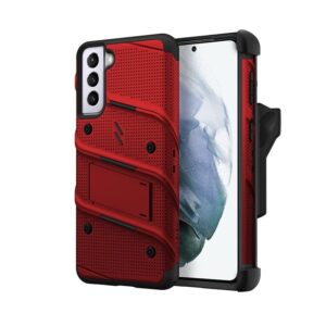 zizo bolt bundle for galaxy s21 fe case with screen protector kickstand holster lanyard - red & black