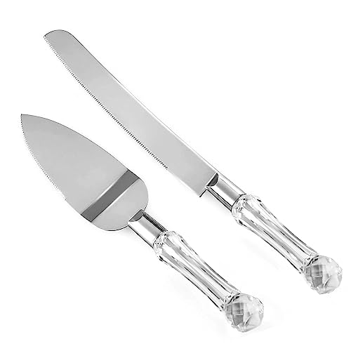 Homi Styles Cake Knife and Server Set | Acrylic Faux Crystal Handles & Premium 420 Stainless Steel Blades | Cake Cutting Set for Wedding Cake, Birthdays, Anniversaries, Parties (Crystal Silver)