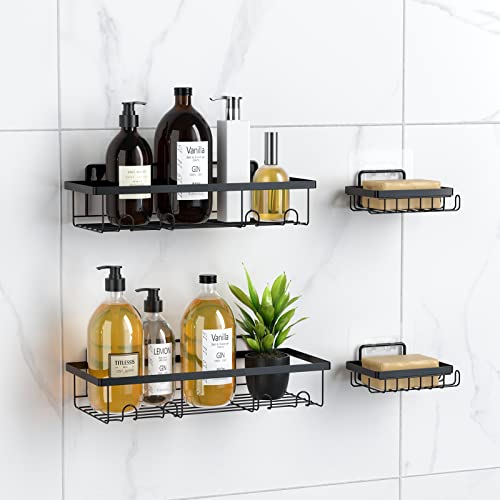 FELOOW Shower Shelf Organizer with Soap Holder Towel Bar,4 Pack No Drilling Traceless Adhesive Bathroom Storage Basket,SUS304 Stainless Steel Wall Mounted Rack for Bathroom Kitchen