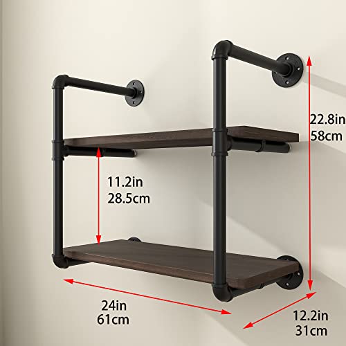 ONOTETUT Industrial Pipe Shelving,Iron Pipe Shelf,Industrial Bathroom Shelves with Pipe Brackets,24 in Industrial Floating Shelves Pipe Wall Shelf,2 Tier Pipe Bookshelf Industrial Wall Shelves