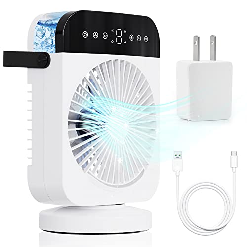 YOUNGTREE Portable Air Conditioner Fan, 5 Speeds Quiet Personal Mini Evaporative Air Cooler with Auto Rotation 70 °,8 Colors LED AC Desk Air Cooling Fan for Car Bedroom Camping