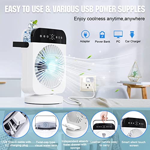 YOUNGTREE Portable Air Conditioner Fan, 5 Speeds Quiet Personal Mini Evaporative Air Cooler with Auto Rotation 70 °,8 Colors LED AC Desk Air Cooling Fan for Car Bedroom Camping