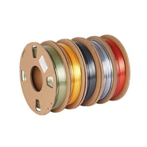 pla 3d printer filament bundle, tinmorry ultra silk+ pla filament 1.75mm, 3d printing filament 250g x 5 colors pack, gold+silver+copper+bronze+iron black, net weight 1.25kg