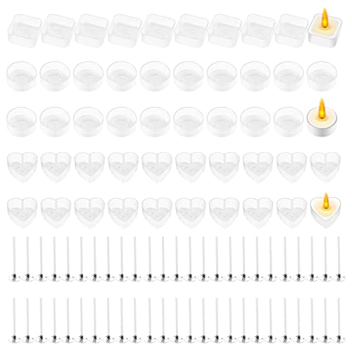 50pcs Tea Light Candle Cup,Plastic Clear Candle Cup Holders,Heart Square Round Shapes Tealight Cups,50pc Candle Wicks for DIY Candle Making