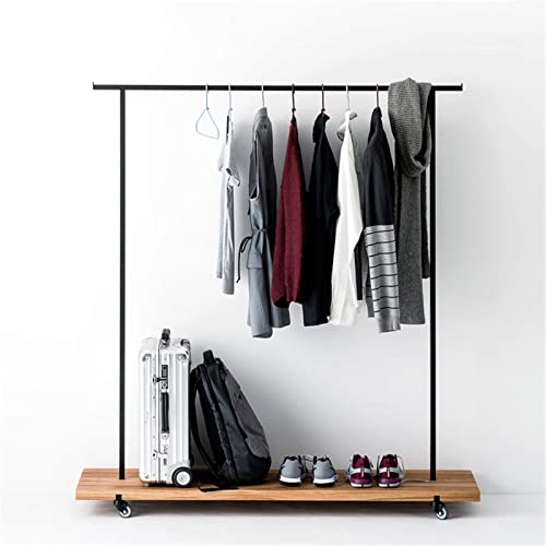 XYYXDD Industrial Style Clothes Rail,Horizontal Bar Metal Mobile Clothing Rack Floor-Standing Display Stand with Solid Wood Partition Shoe Rack/Black/160 * 90 * 40Cm