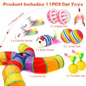 ANZNKU Cat Tunnel, Collapsible Cat Tunnels for Indoor Cats, Kitten Toys, Catnip Cat Toys for Indoor Cats, Rainbow Pinwheel Shape 4 Entrance Cat Tube, Set of 11 Toys for Puppy Kitty Kitten Rabbit