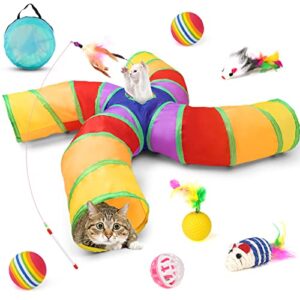 anznku cat tunnel, collapsible cat tunnels for indoor cats, kitten toys, catnip cat toys for indoor cats, rainbow pinwheel shape 4 entrance cat tube, set of 11 toys for puppy kitty kitten rabbit