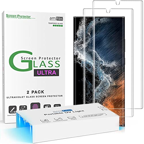 amFilm 3D Curved for S22 Ultra Screen ProtectorSamsung Galaxy 5g,Samsung Galaxy S22 Ultra, Fully Compatible with UltraSonic Fingerprint Scanner and S Pen, UV Gel Application, Tempered Glass, 2 Pack