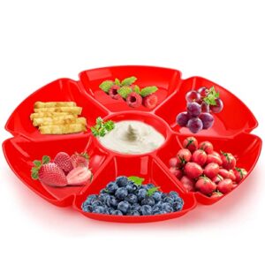 AVLA 12 Pcs Plastic Snack Serving Tray, 12 Inch Unbreakable Chip and Dip Divided Serving Plates, Round 7 Compartments Multifunctional Food Platter for Snack, Nuts, Candy, Dried Fruit, Veggies