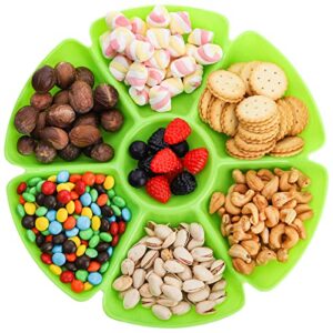 AVLA 12 Pcs Plastic Snack Serving Tray, 12 Inch Unbreakable Chip and Dip Divided Serving Plates, Round 7 Compartments Multifunctional Food Platter for Snack, Nuts, Candy, Dried Fruit, Veggies