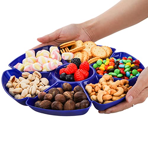 AVLA 12 Pcs Plastic Snack Serving Tray, 12 Inch Unbreakable Chip and Dip Divided Serving Plates, Round 7 Compartments Multifunctional Food Platter for Snack, Nuts, Candy, Dried Fruit, Veggies