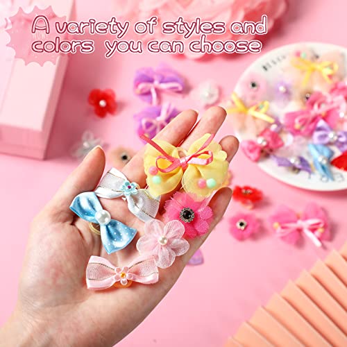 40 Pieces Dog Bows Cute Puppy Dog Bowknot Hair Bows Handmade Hair Accessories Bow with Rubber Bands Lace Organza Puppy Bows Rhinestone Pearls Dog Hair Ties Multicolor Dog Hair Grooming Accessories