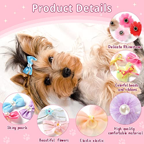 40 Pieces Dog Bows Cute Puppy Dog Bowknot Hair Bows Handmade Hair Accessories Bow with Rubber Bands Lace Organza Puppy Bows Rhinestone Pearls Dog Hair Ties Multicolor Dog Hair Grooming Accessories