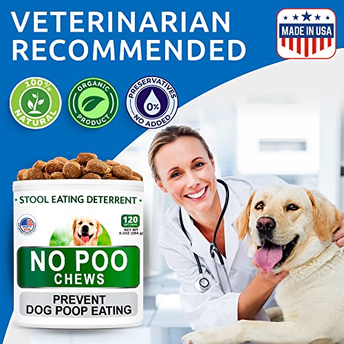 NO Poo Treats - Prevent Dog Poop Eating - Coprophagia Treatment - Stool Eating Deterrent - Probiotics & Enzymes - Digestive Health + Breath Aid - Made in USA - (120 Ct - Chicken)