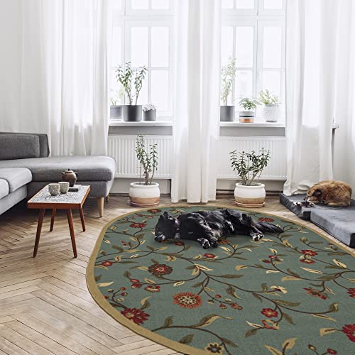 Ottomanson Ottohome Collection Non-Slip Rubberback Floral Leaves Design 5x7 Indoor Oval Area Rug, 5' x 6'6" Oval, Seafoam Green